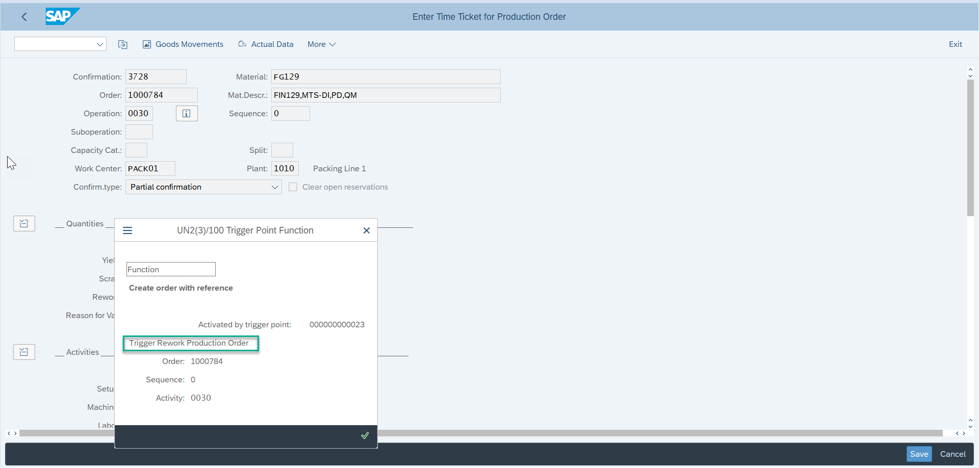 Configuring a Trigger Point in a Production Order