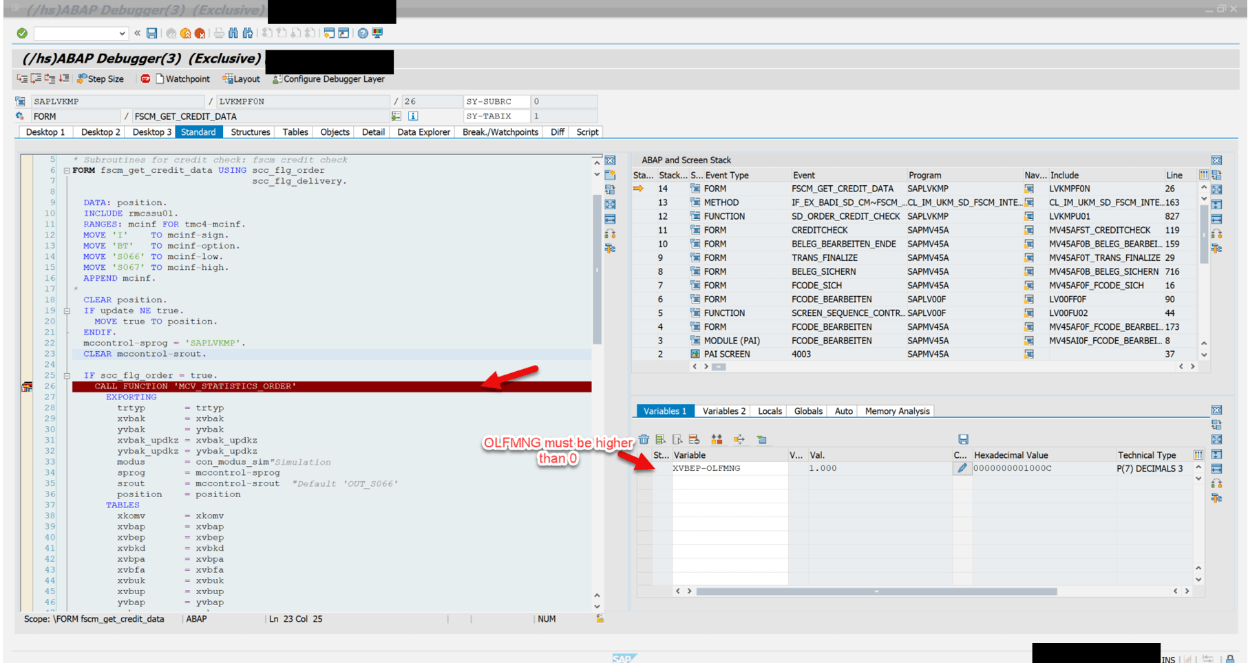 Debugging steps of sales order credit exposure update analysis from SD ...