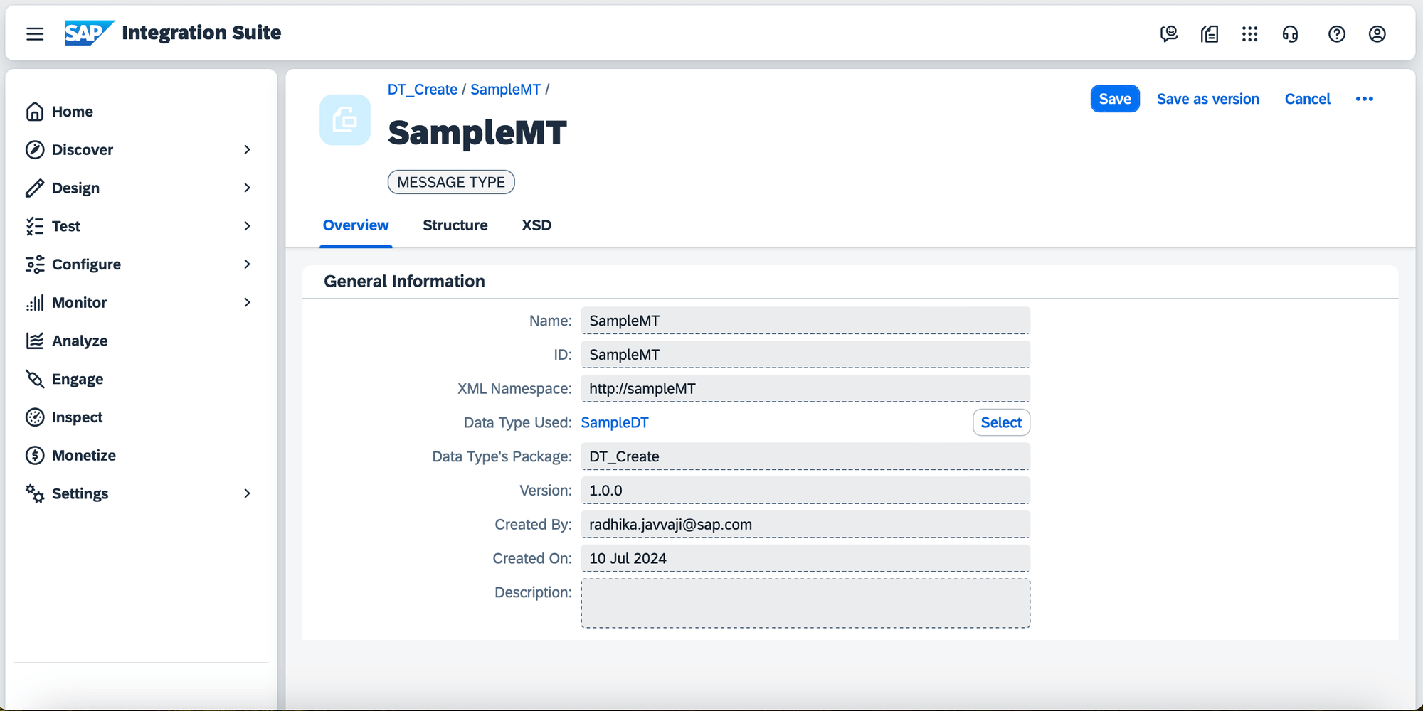 Create Datatype And Message Type Artifact In Cloud Integration
