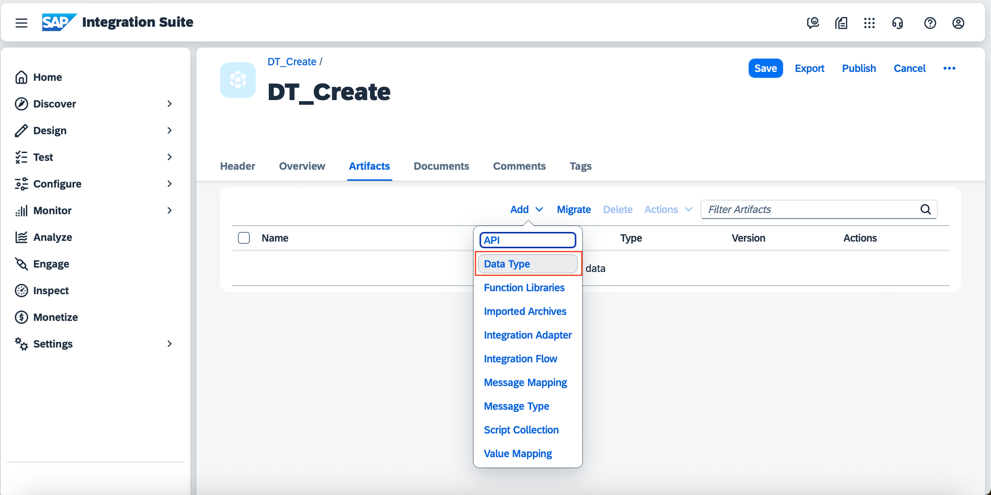 Create Datatype And Message Type Artifact In Cloud Integration