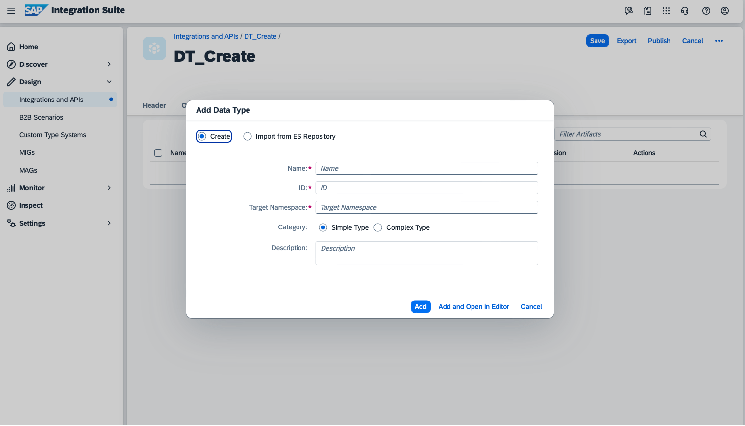 Create Datatype And Message Type Artifact In Cloud Integration